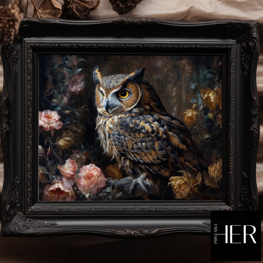 Kna Prints - Owl And Pink Rose In Forest Core Cottagecore Academia ...
