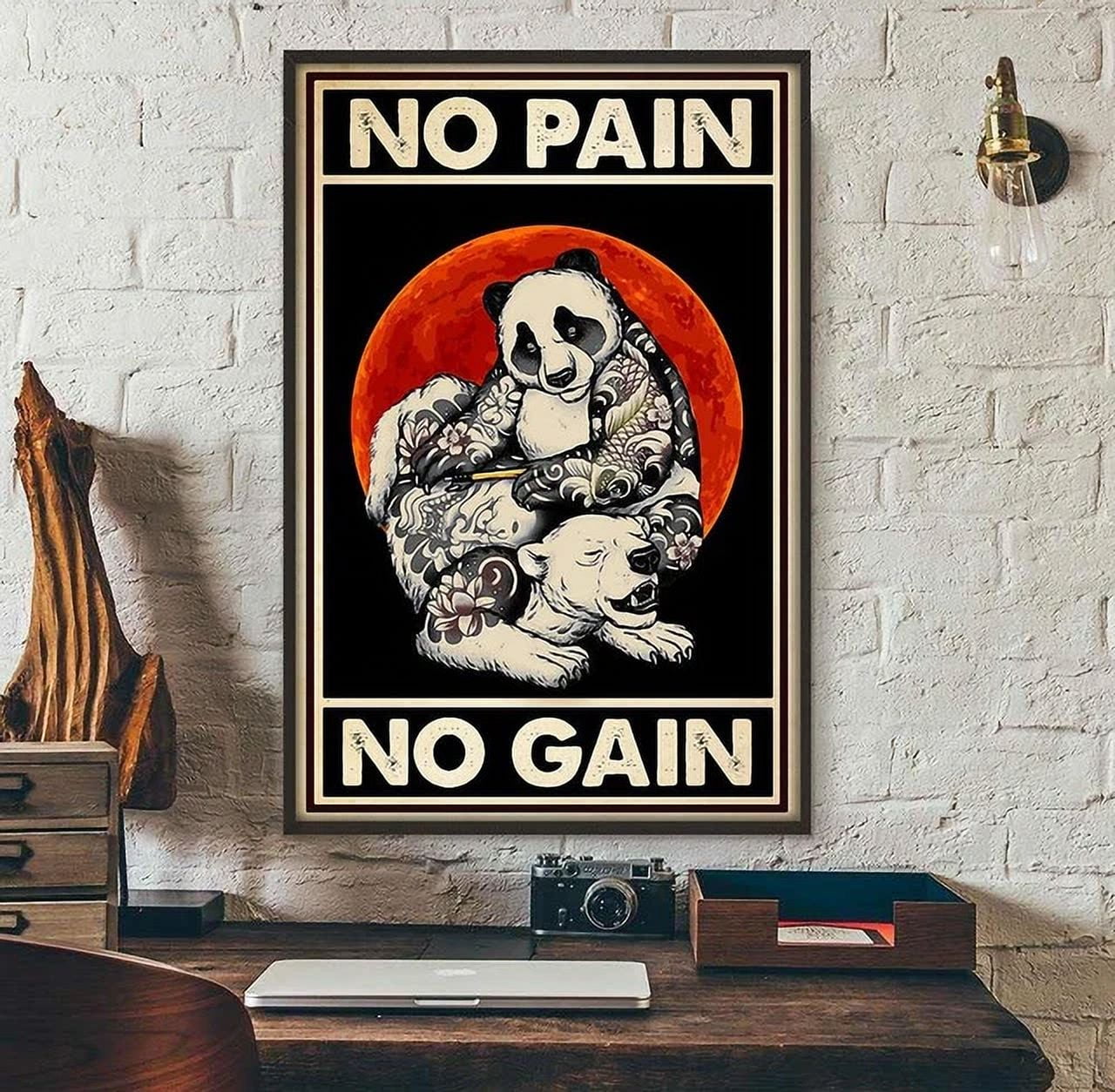 Kna Prints - Panda Lion No Pain No Gain Poster Home Decor, Vintage Art ...