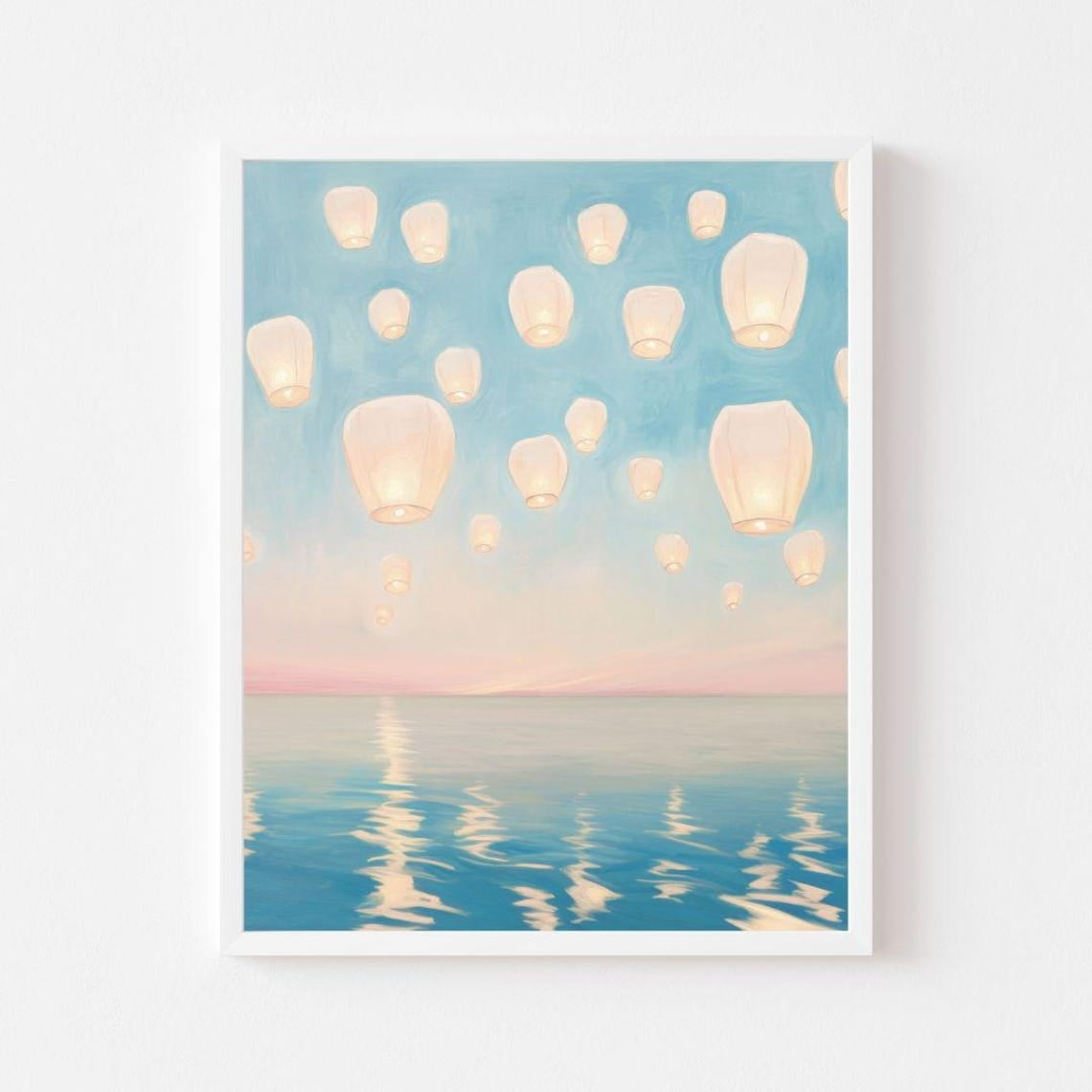 Kna Prints - Pastel Floating Lanterns At Sunset Painting Beach House ...