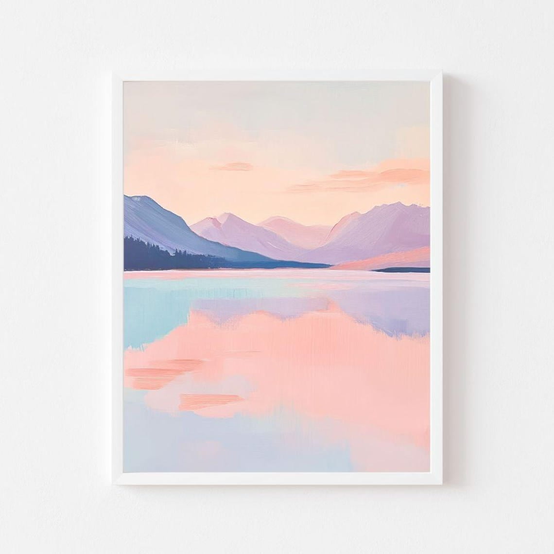 Kna Prints - Pastel Mountain Lake Sunset Painting Pink Landscape Wall ...