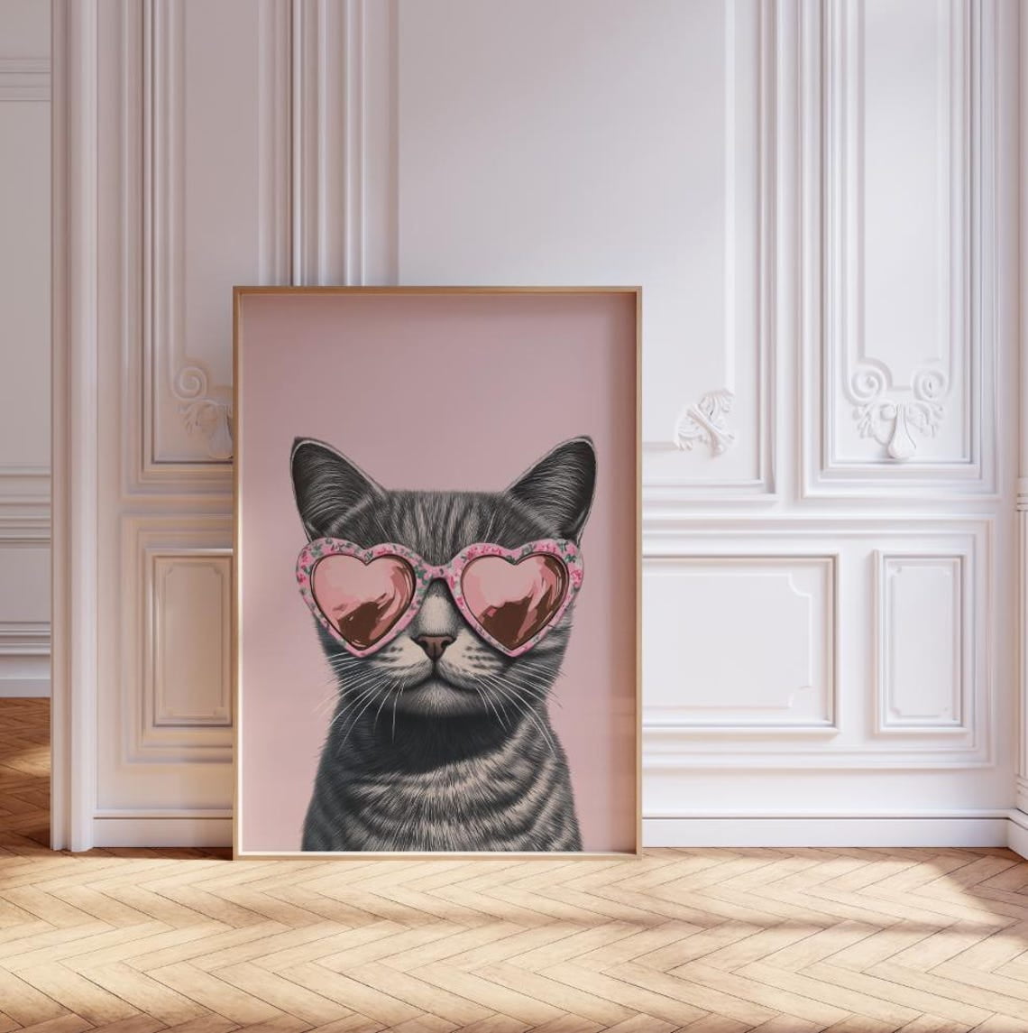 Kna Prints - Pink Cat Print, Funky Poster, Preppy Art, Grey Cat Art ...
