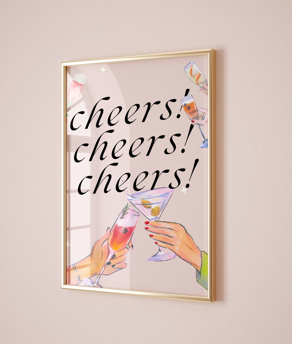 Kna Prints - Pink Retro Cheers Poster, Champagne Cocktail Print, Bar Cart Art, 70'S Wall Art ...