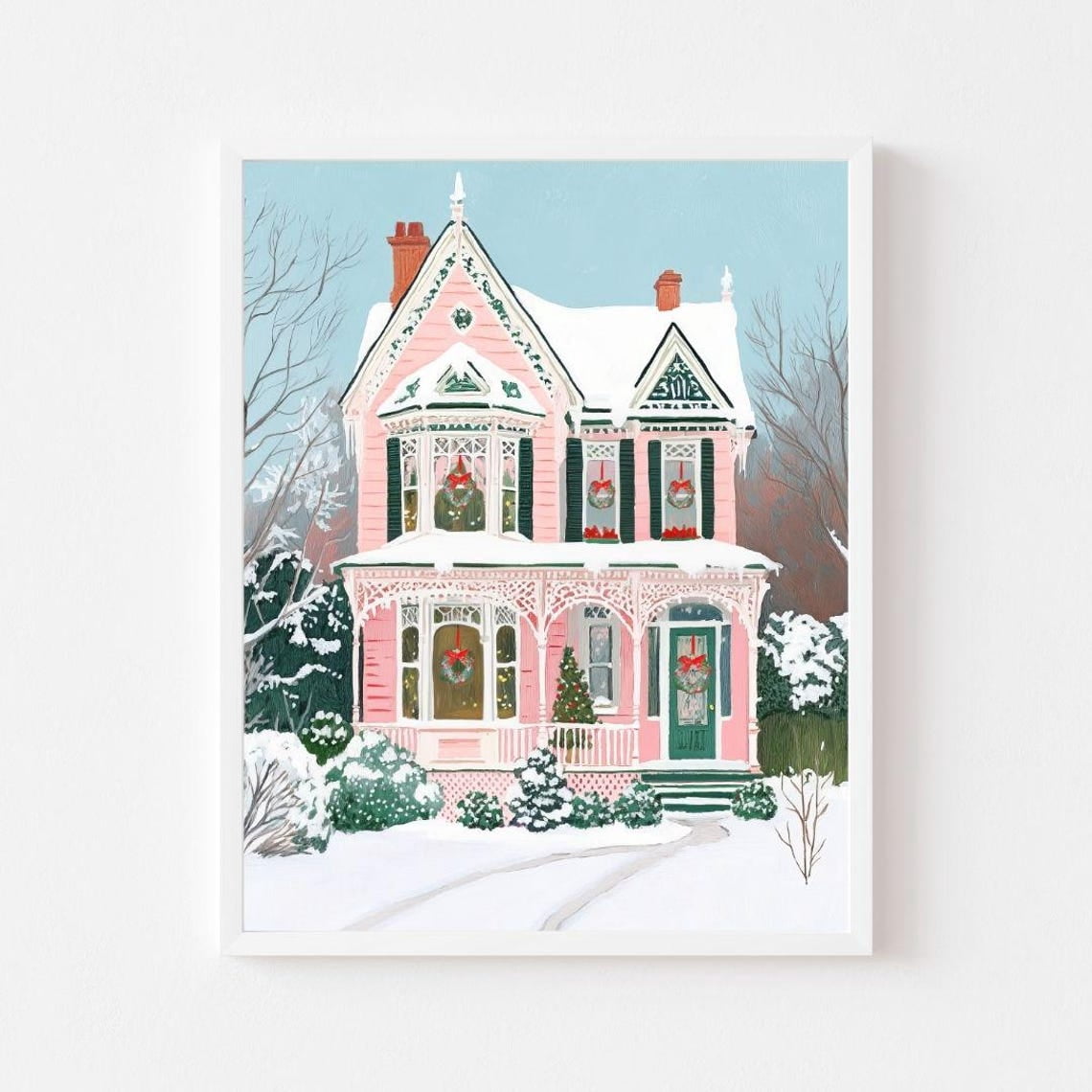Kna Prints - Pink Victorian House Painting Pastel Winter Home Art Print ...