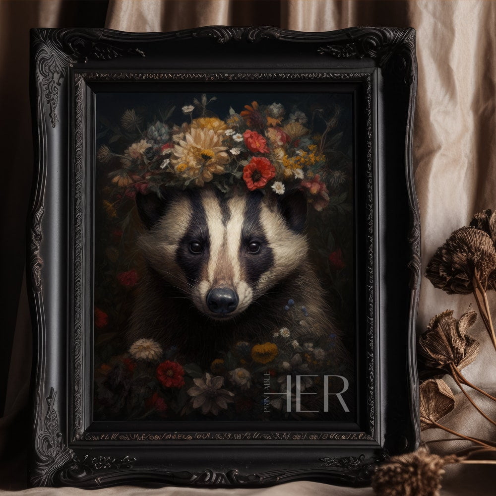Kna Prints - Portrait Of Badger In Flower Crown Forest Core Dark ...