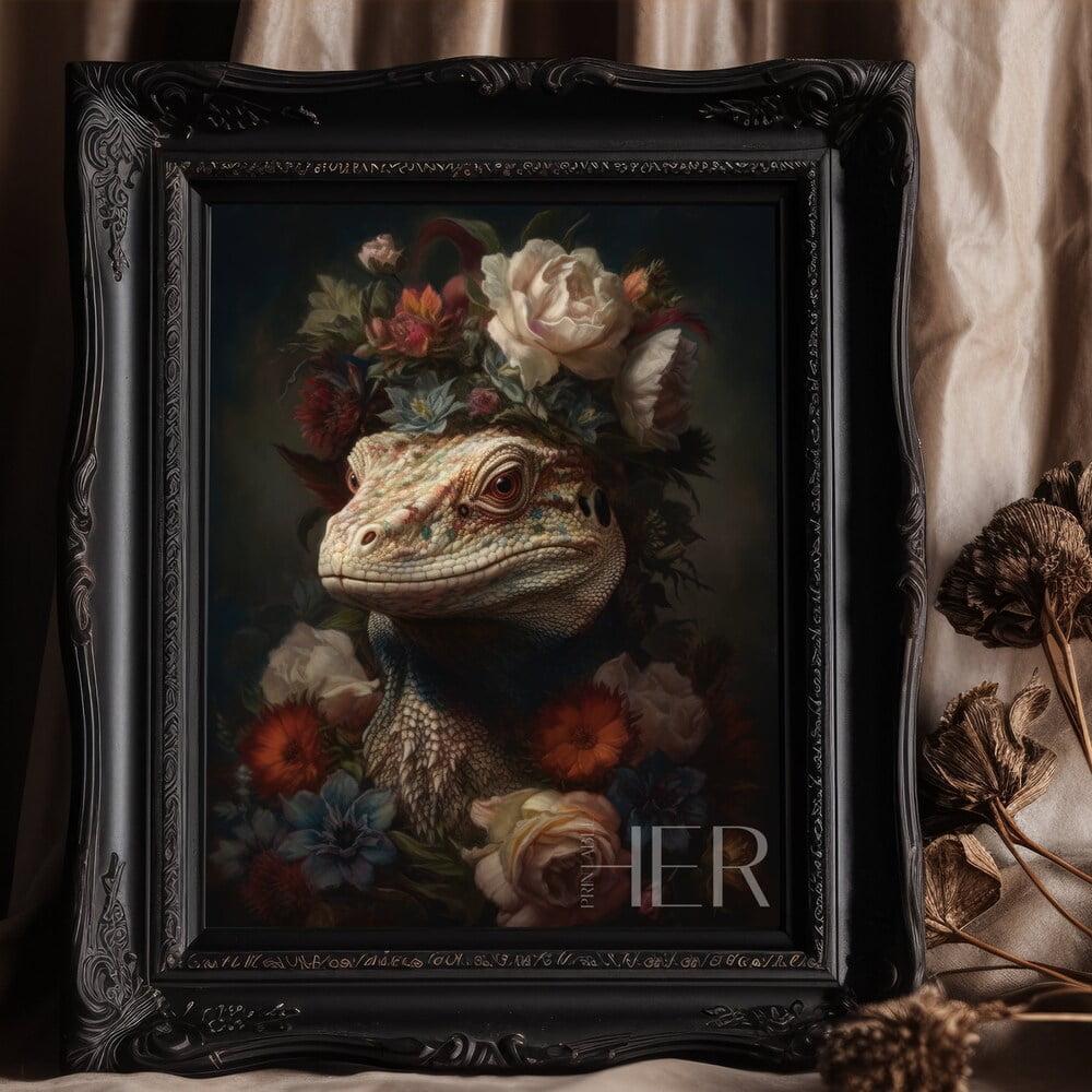 Kna Prints - Portrait Of Lizard In Flower Crown Forest Core Dark ...