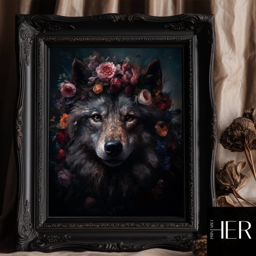 Kna Prints - Portrait Of Wolf In Flower Crown Forest Core Dark ...