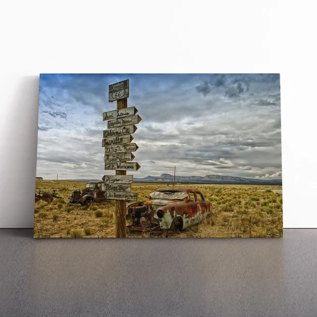 Kna Prints - Poster Route 66 Road Sign & Rusted Car Picture Home Decor ...