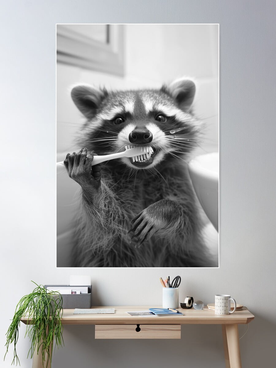 Kna Prints - Raccoon Brushing Teeth In The Bathroom Poster, UNFRAMED ...