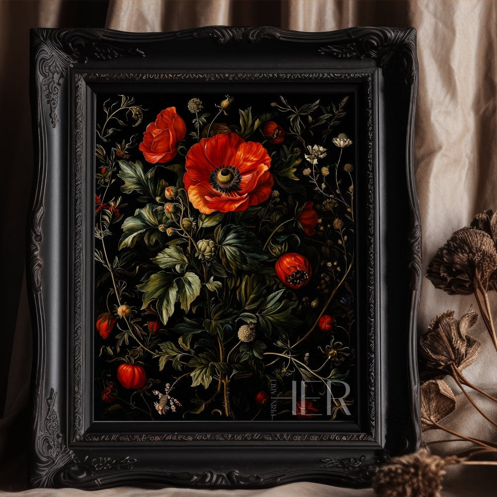 Kna Prints - Red Poppy And Tomato Dark Floral Art Cottagecore Academia ...