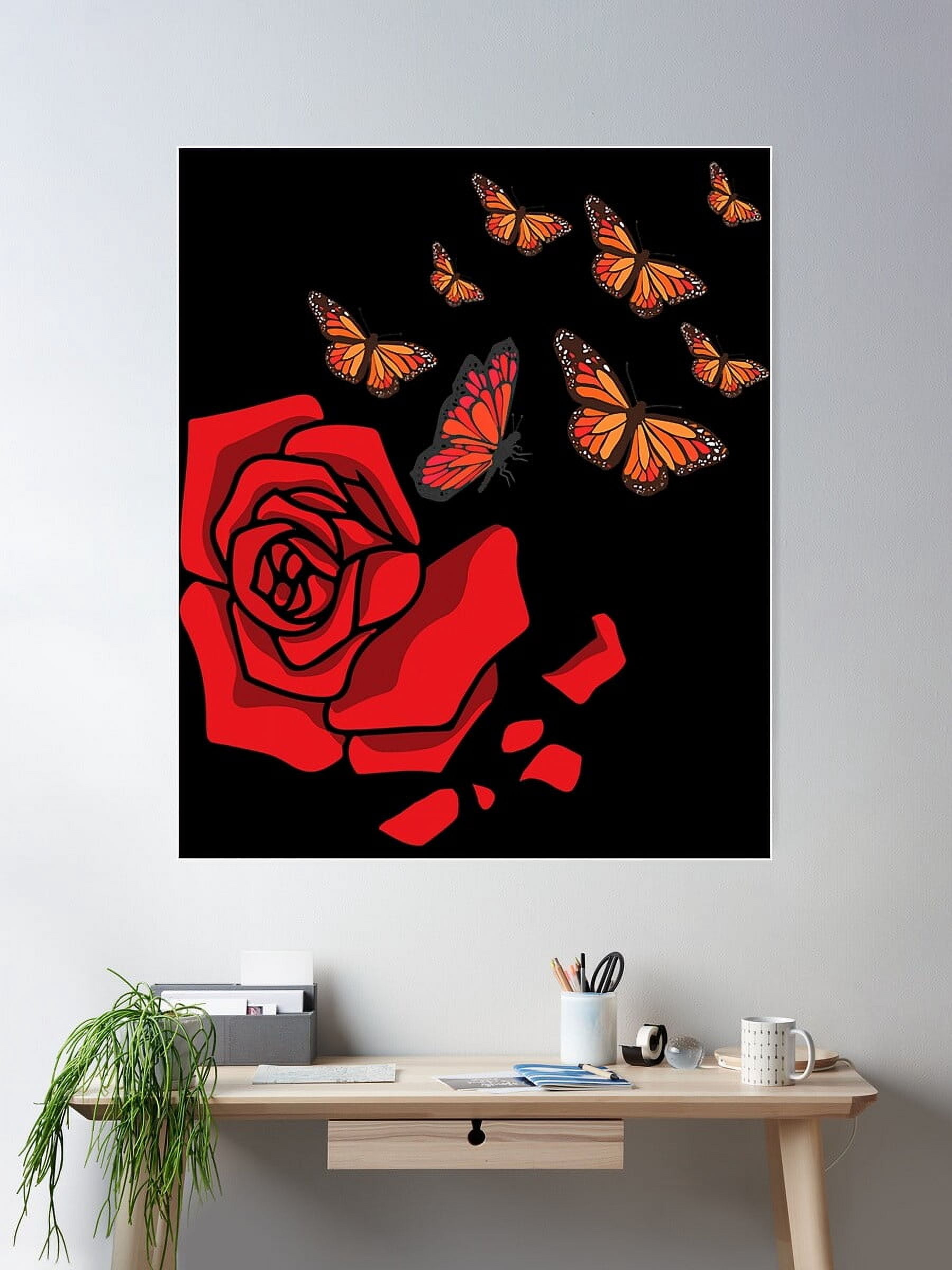 Kna Prints - Red Rose With Butterflies - Garden Flowers Rose For Home ...