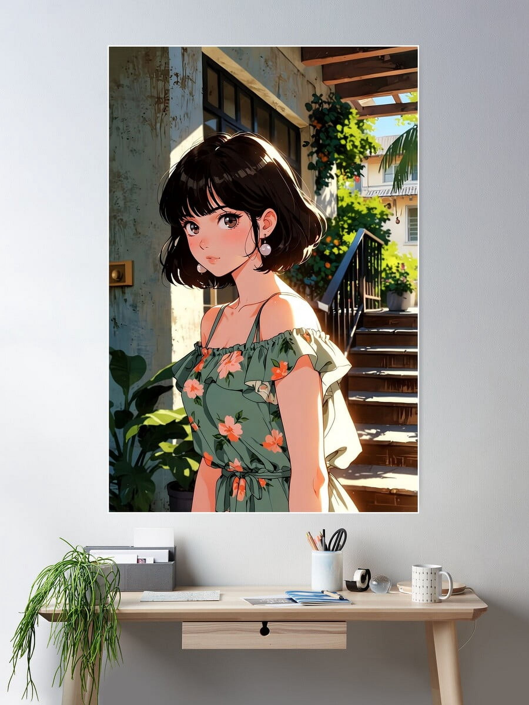 Kna Prints - Retro Anime Summer Dress Girl Sunlit Garden Scene Poster ...