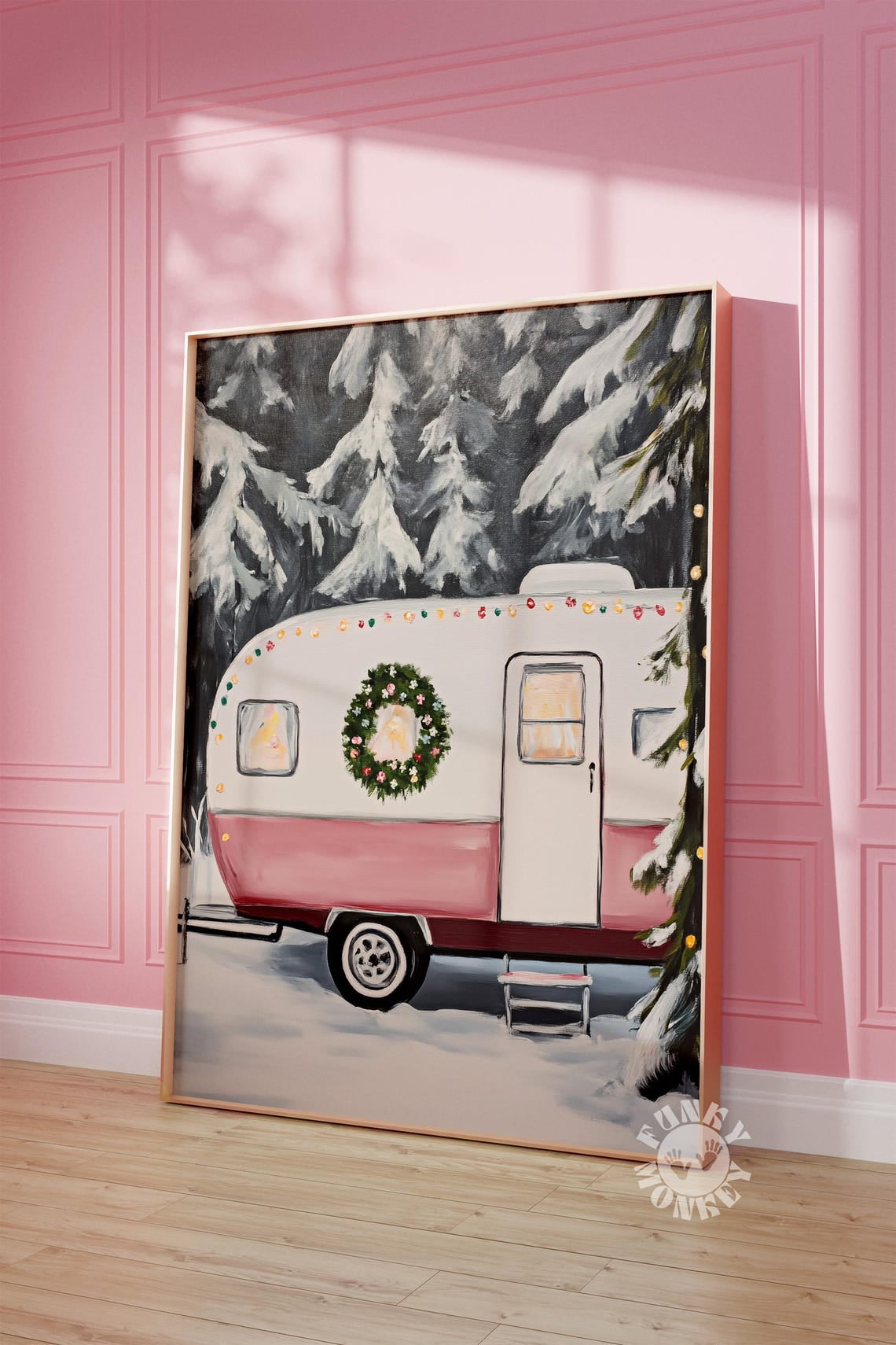 Kna Prints - Retro Art, Pink Vintage Camper Winter Wall Art, Trendy Girly Holiday Decor, Preppy ...