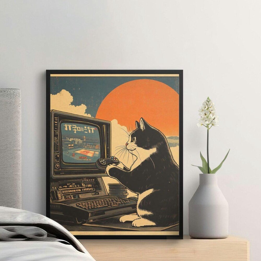 Kna Prints - Retro Cat Gaming Poster, Vintage Cat With Joystick, Cute ...