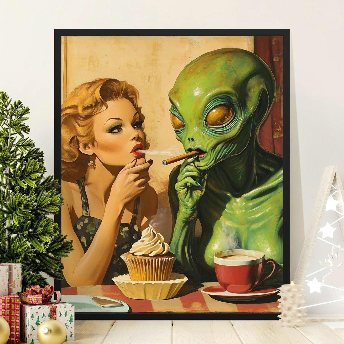 Retro Style Alien and Woman Smoking Poster, Vintage Sci-Fi Art Print ...
