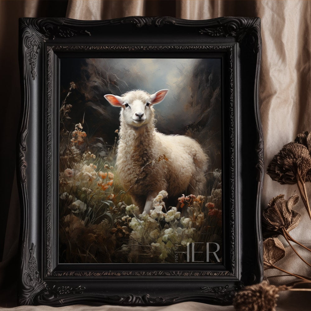 Kna Prints - Sheep In Meadow Painting Dark Cottagecore Academia ...