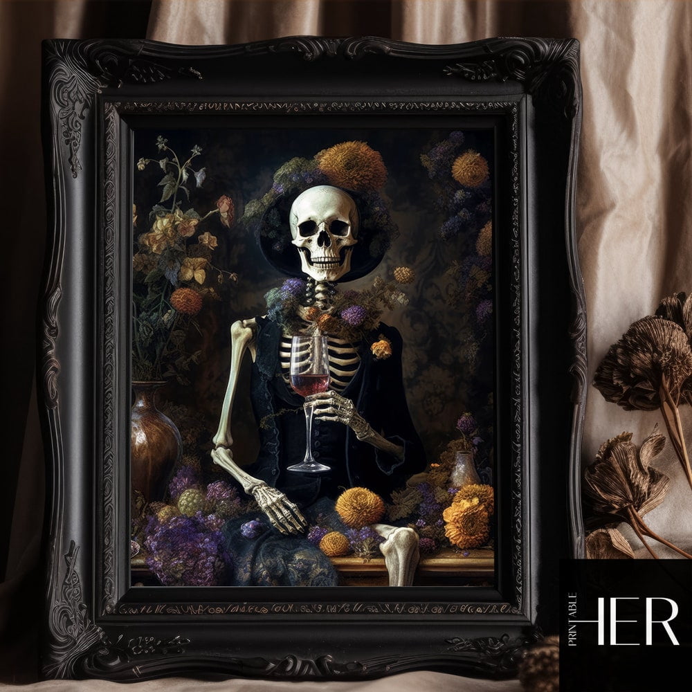 Kna Prints - Skeleton With Wine Dark Cottagecore Academia Floral ...