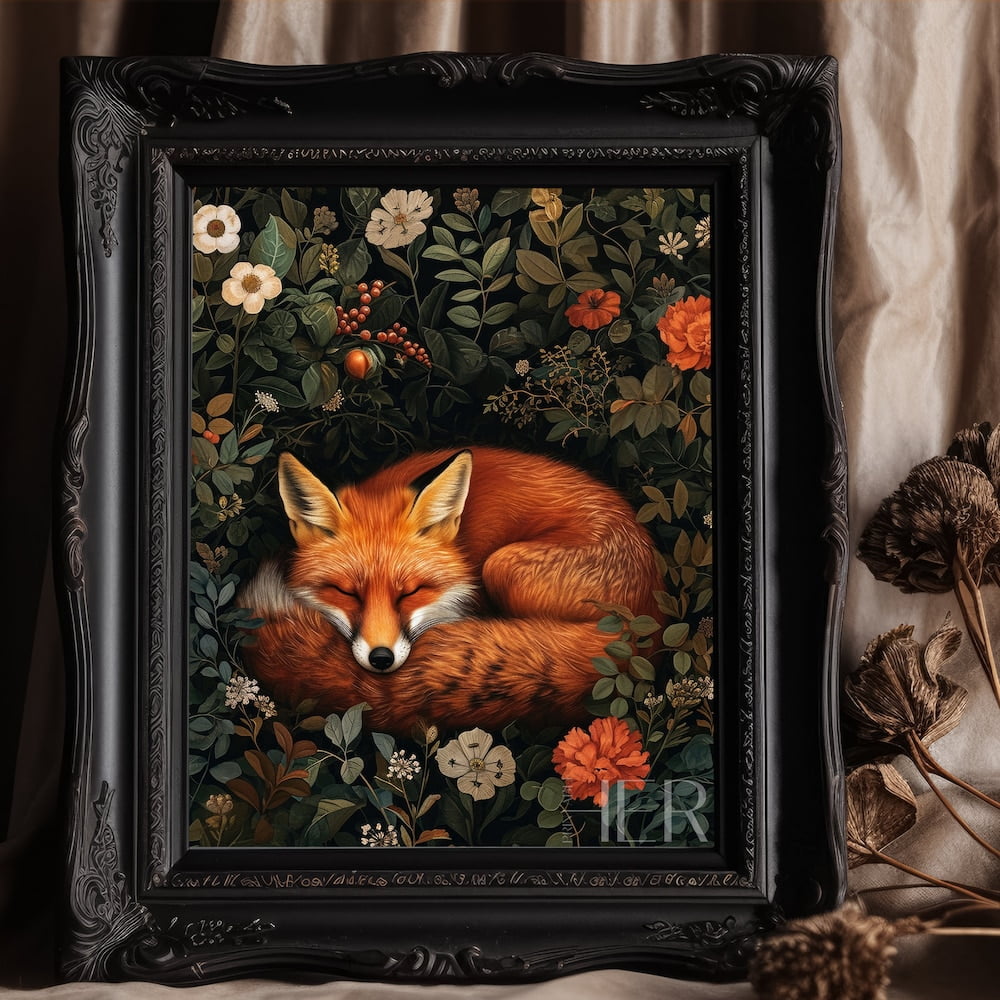 Kna Prints - Sleeping Red Fox In Dark Forest Art Cottagecore Academia ...