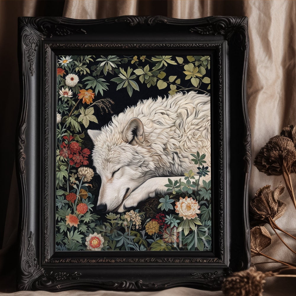 Kna Prints - Sleeping White Wolf Dark Forest Art Cottagecore Academia ...
