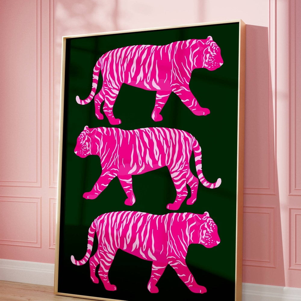 Kna Prints - Tiger Painting Animal Print, Pink And Green Wall Art ...