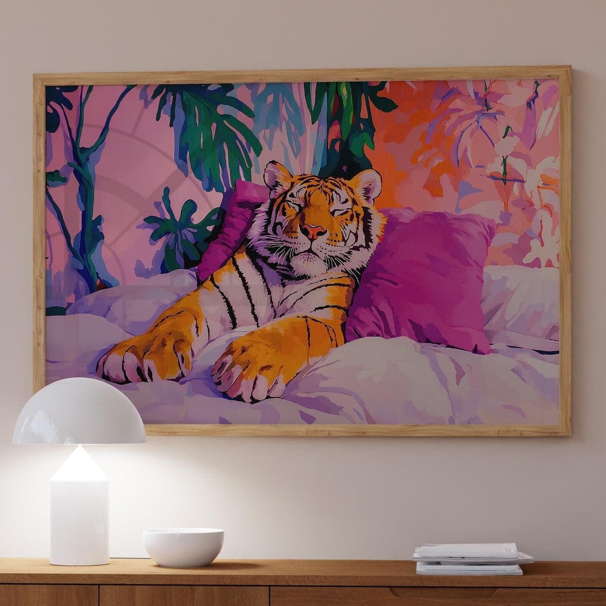 Kna Prints - Tiger Poster, Pink Wall Art, Bedroom Decor, Tiger In Bed, Preppy Print, Kitsch ...
