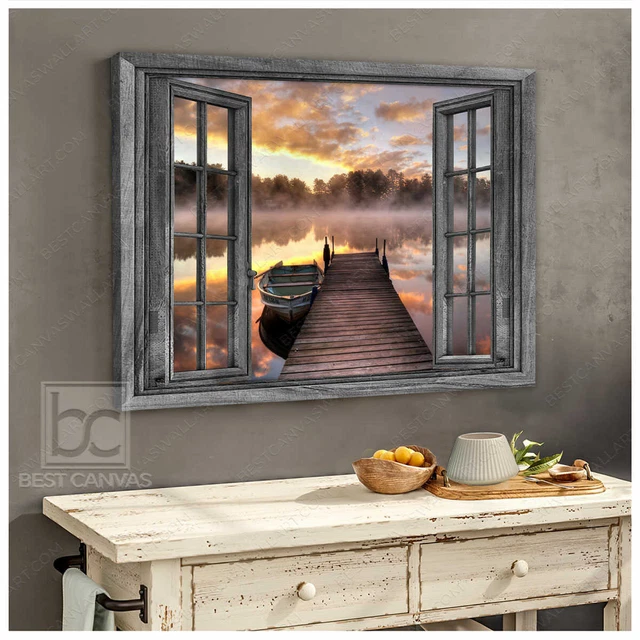 Kna Prints - Top 03 Gorgeous Lake Through Gray Window With Boat Artor ...