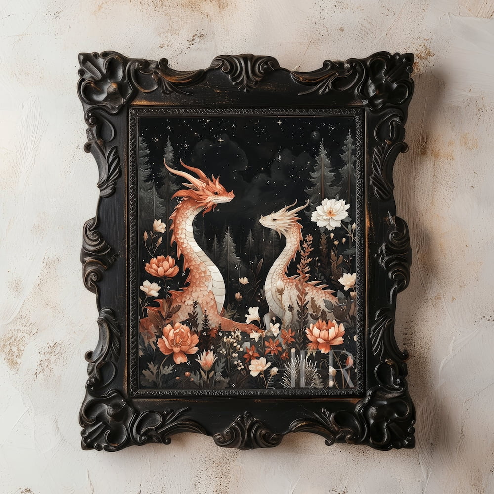 Kna Prints - Two Dragons Magic Meadow Dark Cottagecore Print Moody ...