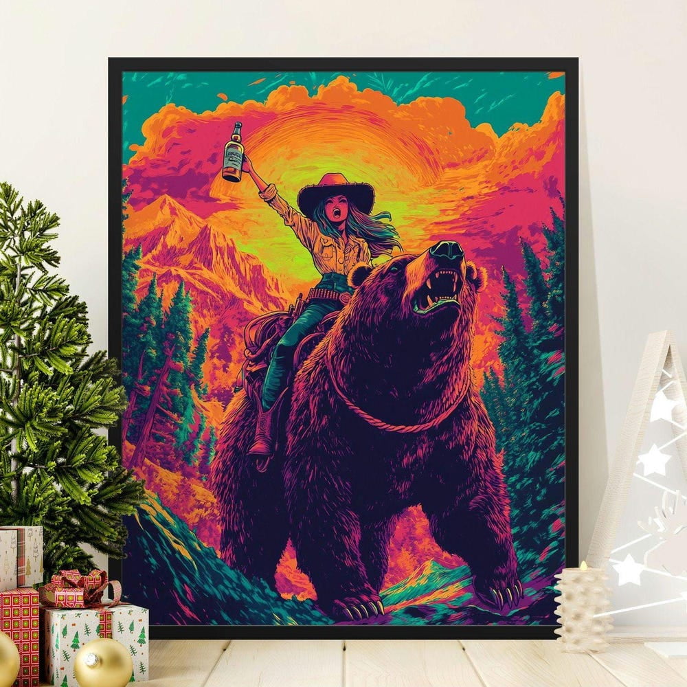 Kna Prints - Vibrant Cowboy Poster, Bear Riding Print, Western Art Wall ...