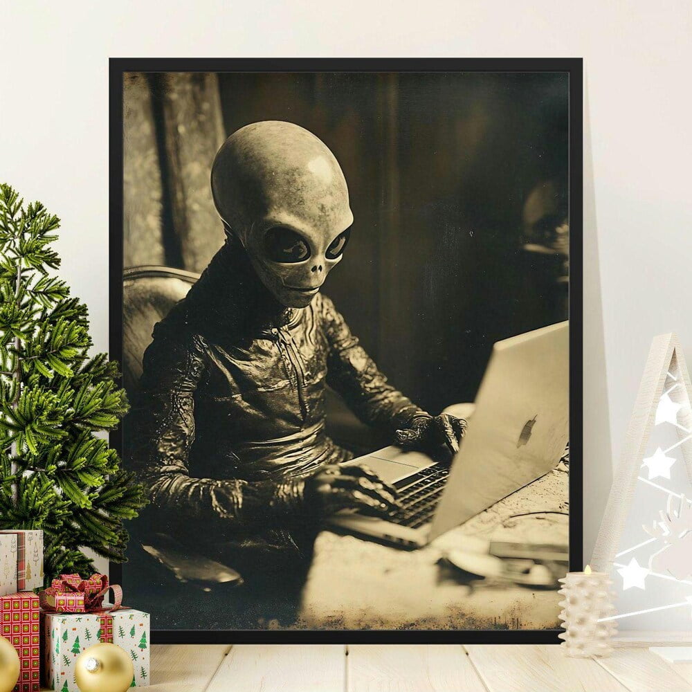 Kna Prints - Vintage Alien At Laptop Poster, Sci-Fi Themed Wall Poster ...