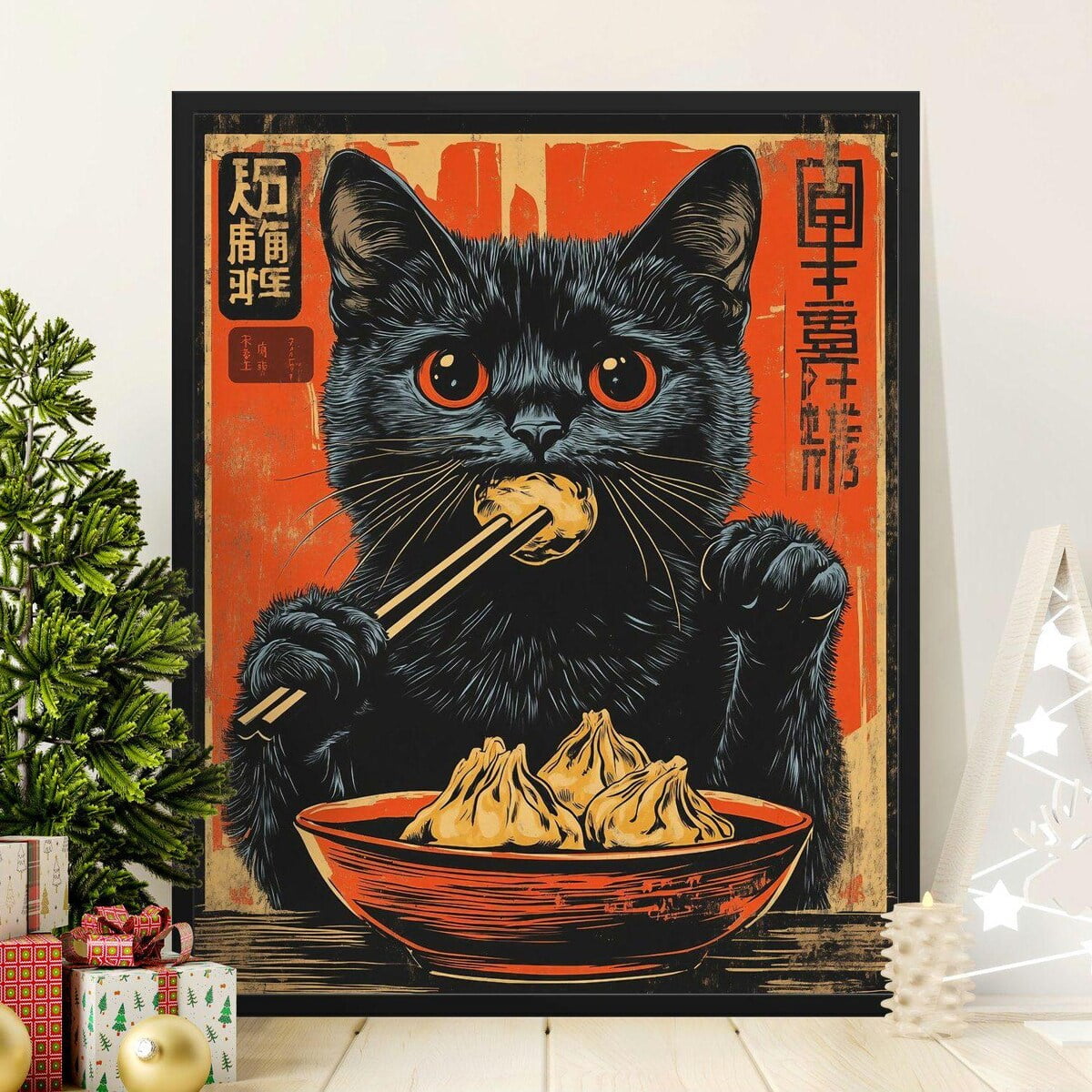 Kna Prints - Vintage Cat Art Poster, Retro Cat Eating Dumplings Print ...