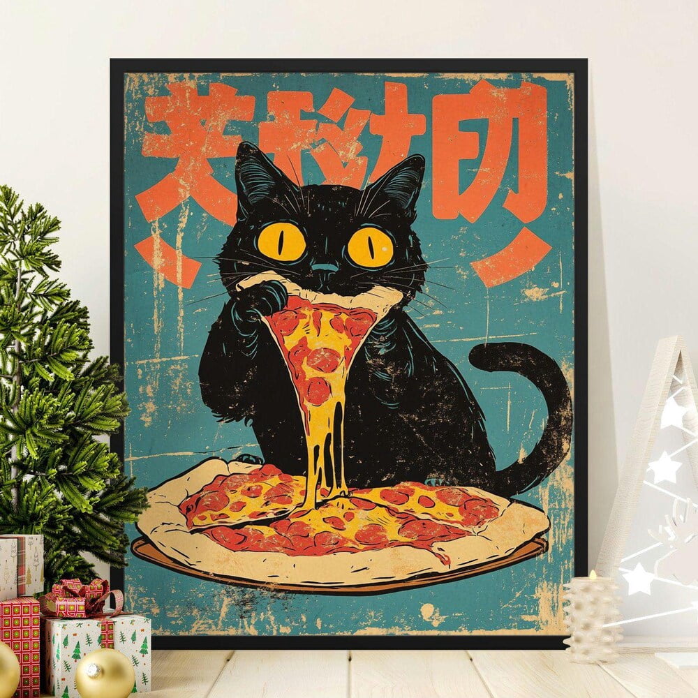 Kna Prints - Vintage Cat Eating Pizza Poster, Retro Cat Food Lovers ...