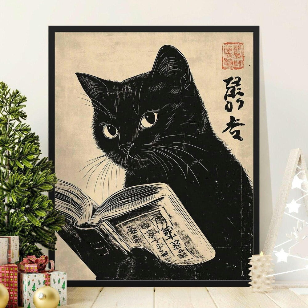 Kna Prints - Vintage Cat Poster Print, Japanese Style Cat Poster, Black ...