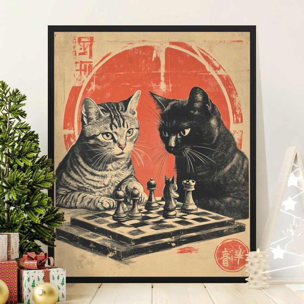 Kna Prints - Vintage Cats Chess Artwork Poster, Retro Feline Chess ...