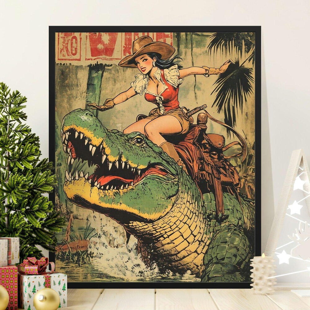 Kna Prints - Vintage Cowgirl Riding Alligator Poster, Unique Western Poster Print, Retro ...