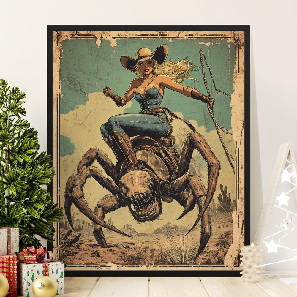 Kna Prints - Vintage Cowgirl Riding Giant Spider Poster, Western ...