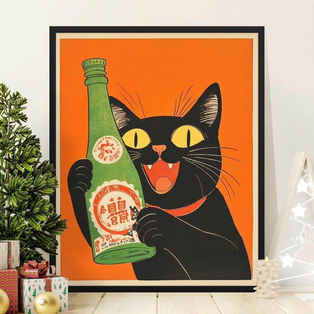 Kna Prints - Vintage Japanese Cat Poster, Retro Black Cat With Bottle ...