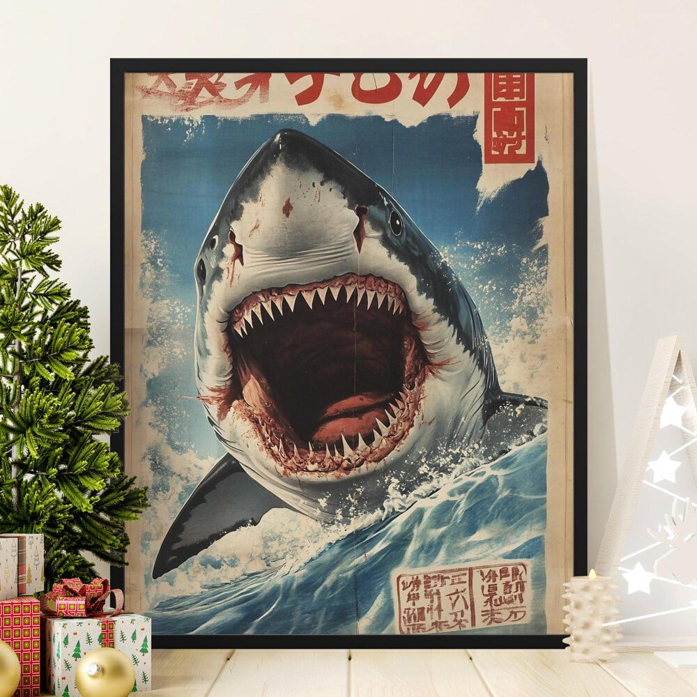 Kna Prints - Vintage Japanese Shark Attack Poster, Retro Scary Shark ...