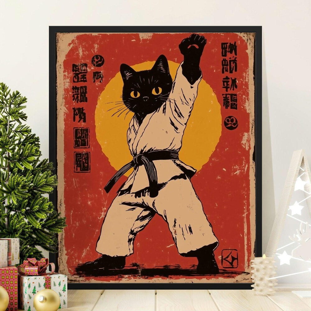 Kna Prints - Vintage Martial Arts Cat Poster, Retro Karate Cat Wall Art ...