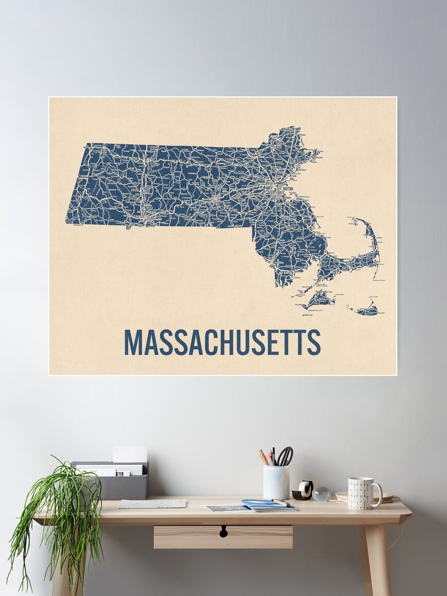 Kna Prints - Vintage Massachusetts Road Map, Blue On Beige #1 Poster ...