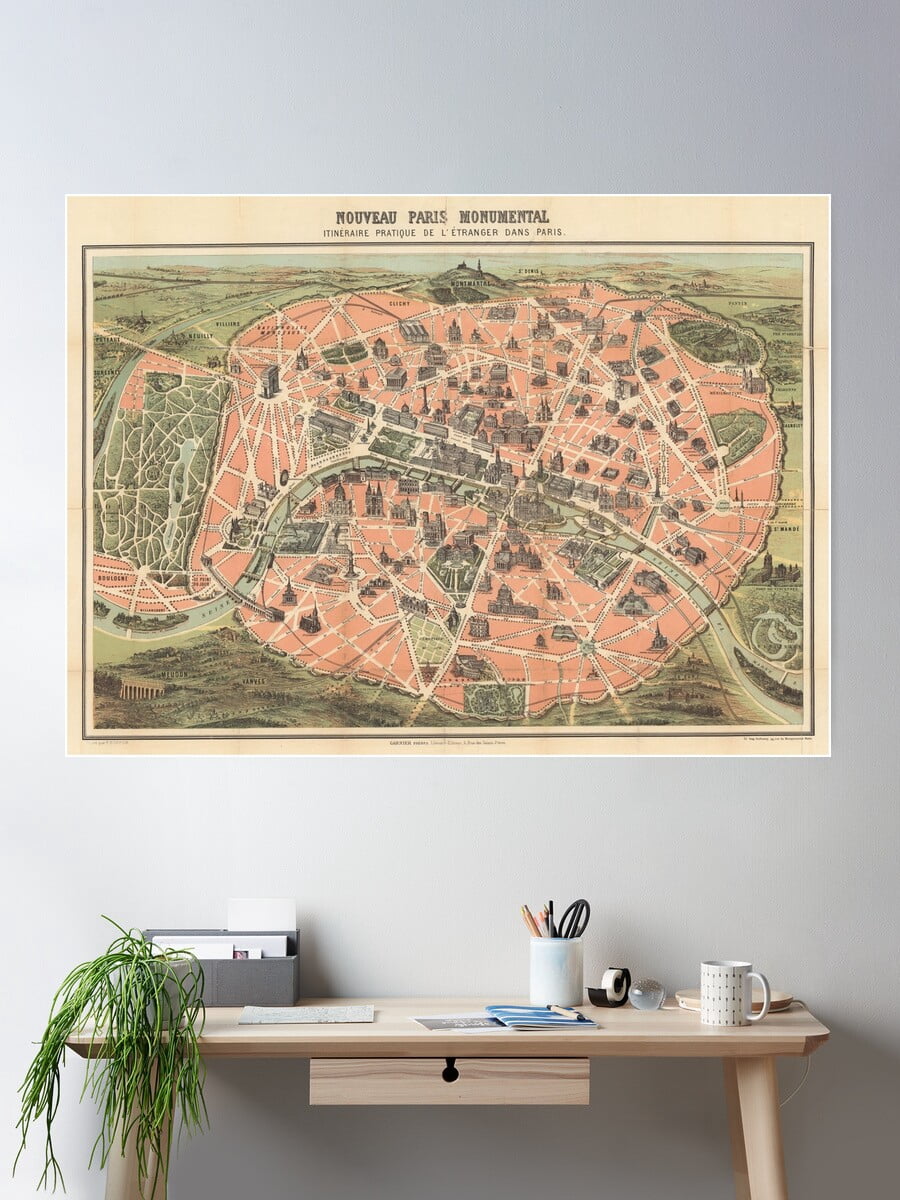 Kna Prints - Vintage Paris France Monument Map (1882) Poster , UNFRAMED ...