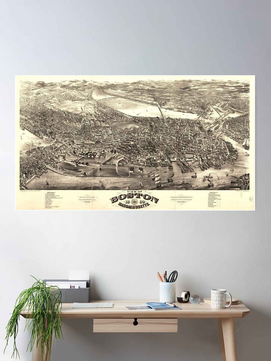 Kna Prints - Vintage Pictorial Map Of Boston (1880) Poster , UNFRAMED ...