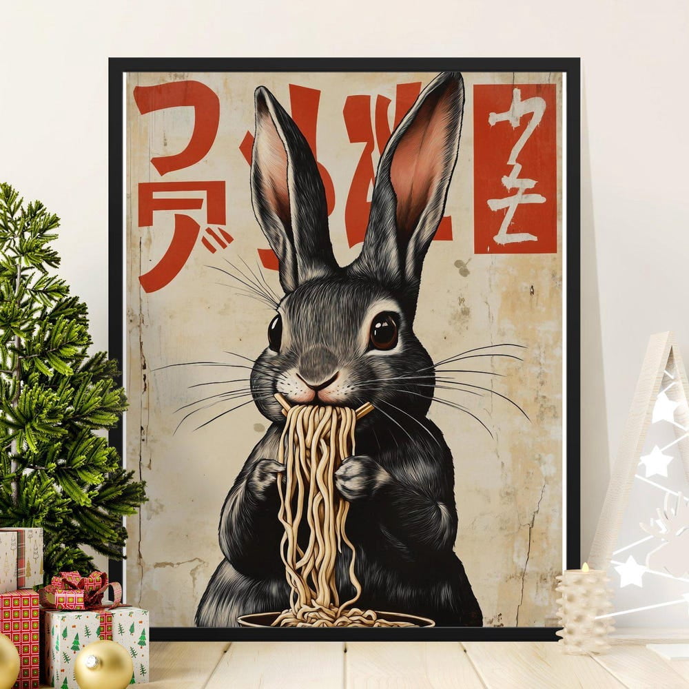 Kna Prints - Vintage Rabbit Eating Noodles Poster, Cute Animal Wall Art ...