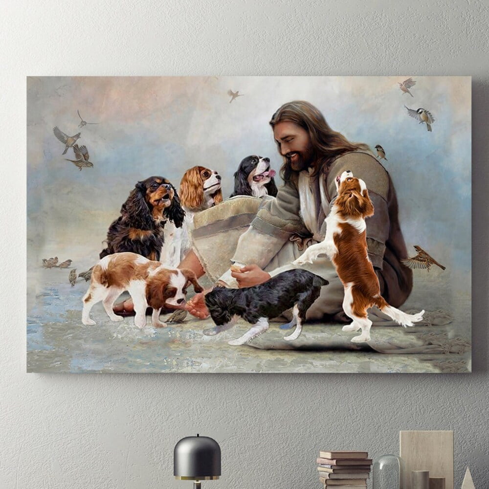 Kna Prints - Vintage Smiling Jesus Christ Playing With Cavalier King ...