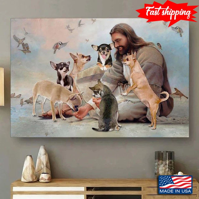 Kna Prints - Vintage Smiling Jesus Christ Playing With Chihuahua Dogs ...