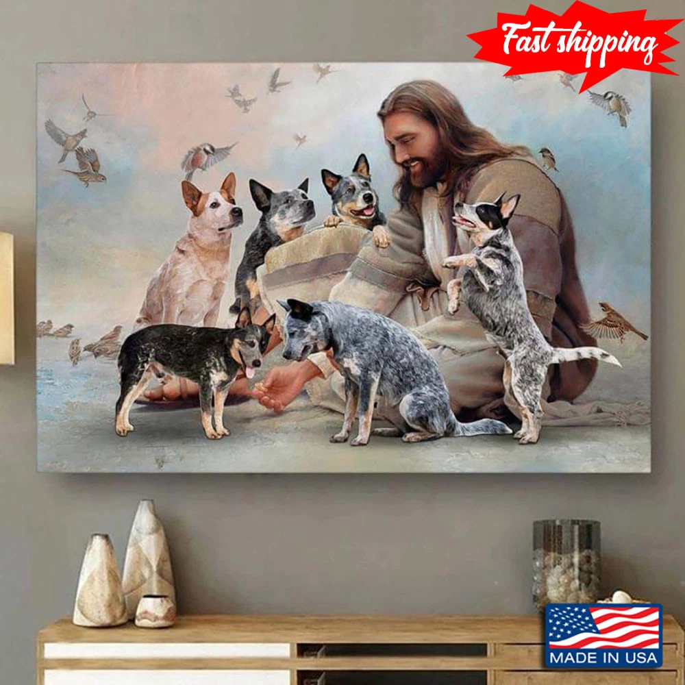 Kna Prints - Vintage Smiling Jesus Christ Playing With Heeler Dogs And ...