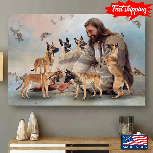 Kna Prints - Vintage Smiling Jesus Christ Playing With Malinois Dogs ...