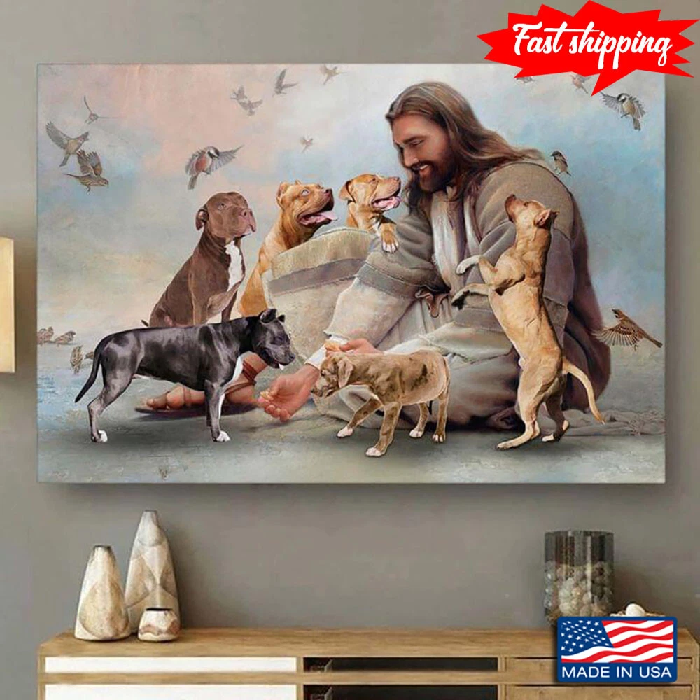 Kna Prints - Vintage Smiling Jesus Christ Playing With Pitbull Dogs And ...