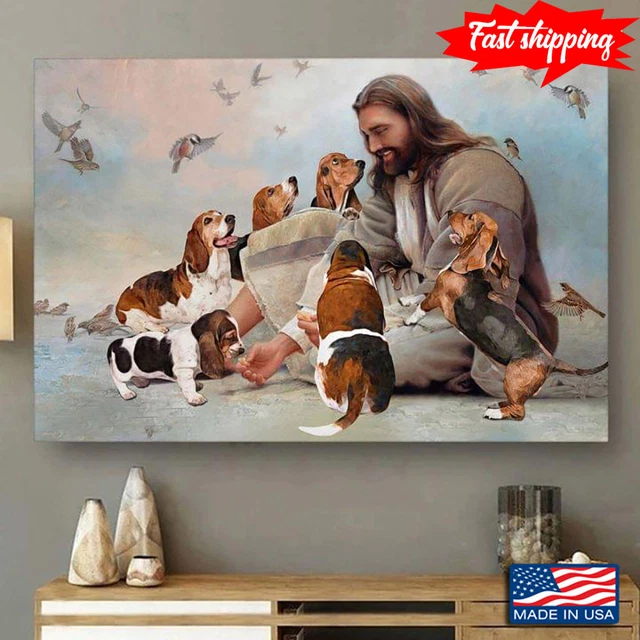 Kna Prints - Vintage Smiling Jesus Christ Playing With Beagle Dogs And ...