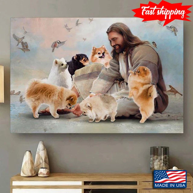 Kna Prints - Vintage Smiling Jesus Christ Playing With Pomeranian Dogs ...