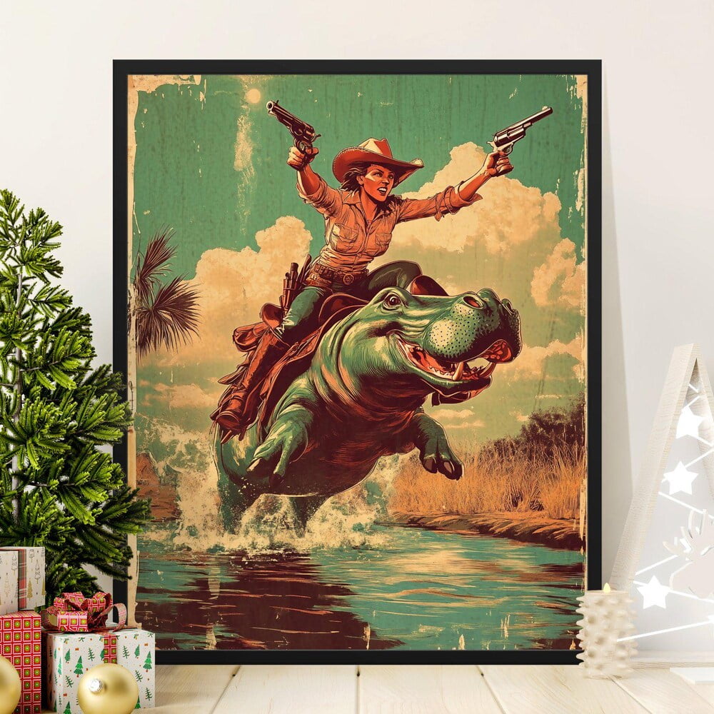 Kna Prints - Vintage Western Cowboy Poster, Retro Hippo Rider Poster ...