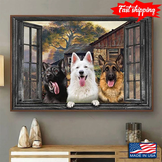 Kna Prints - Vintage Window With Black German Shepherd, White German ...